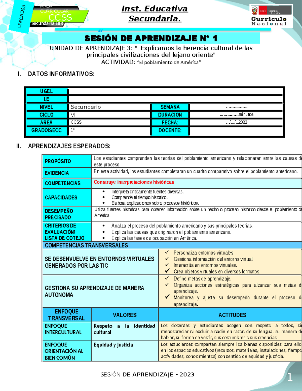 Sesion CCSS 1° SEC- Semana 01 UNI 3 - CCSS UNIDAD Secundaria EBR CURRICULAR Inst. Educativa ...