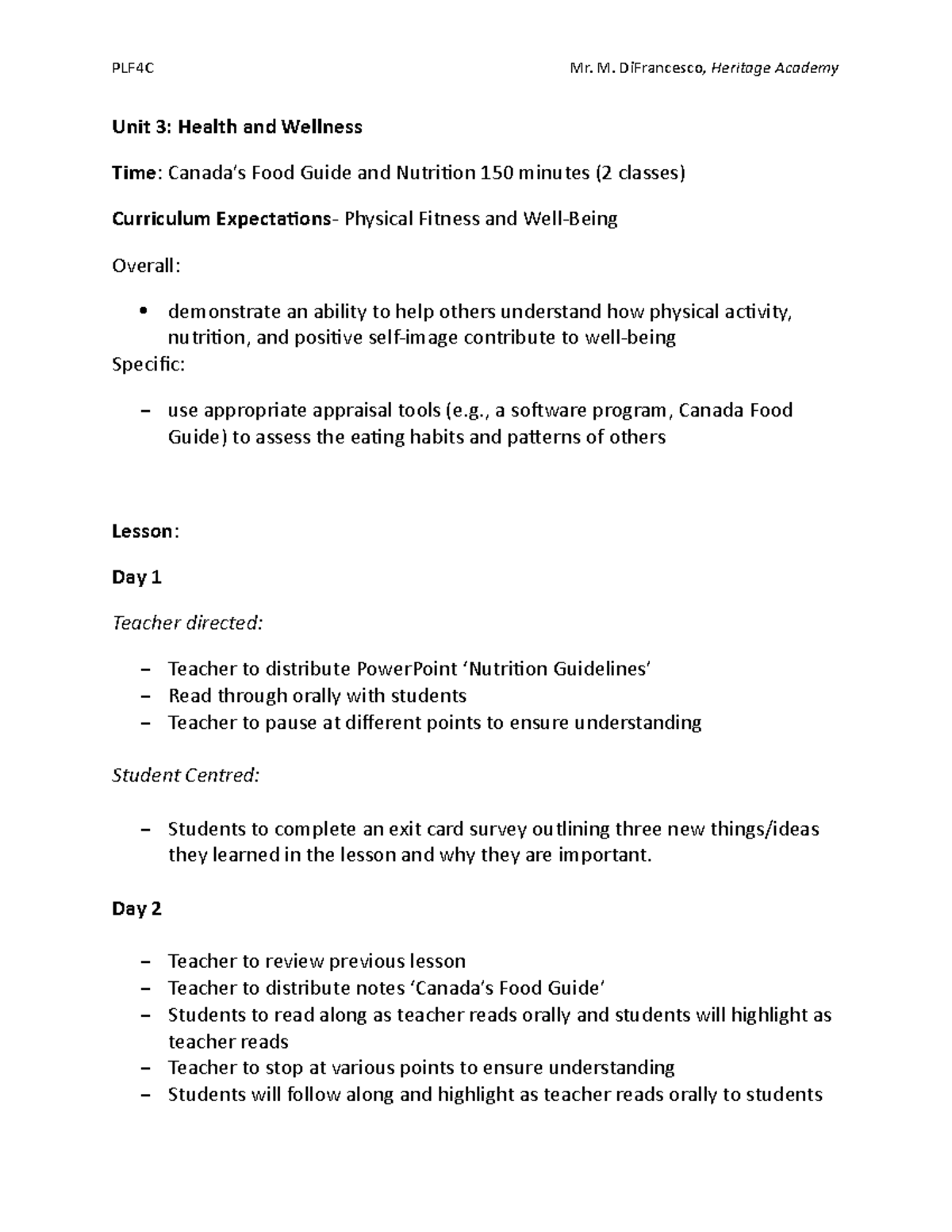 Lesson 2- Nutritional Guidelines - PLF4C Mr. M. DiFrancesco, Heritage ...