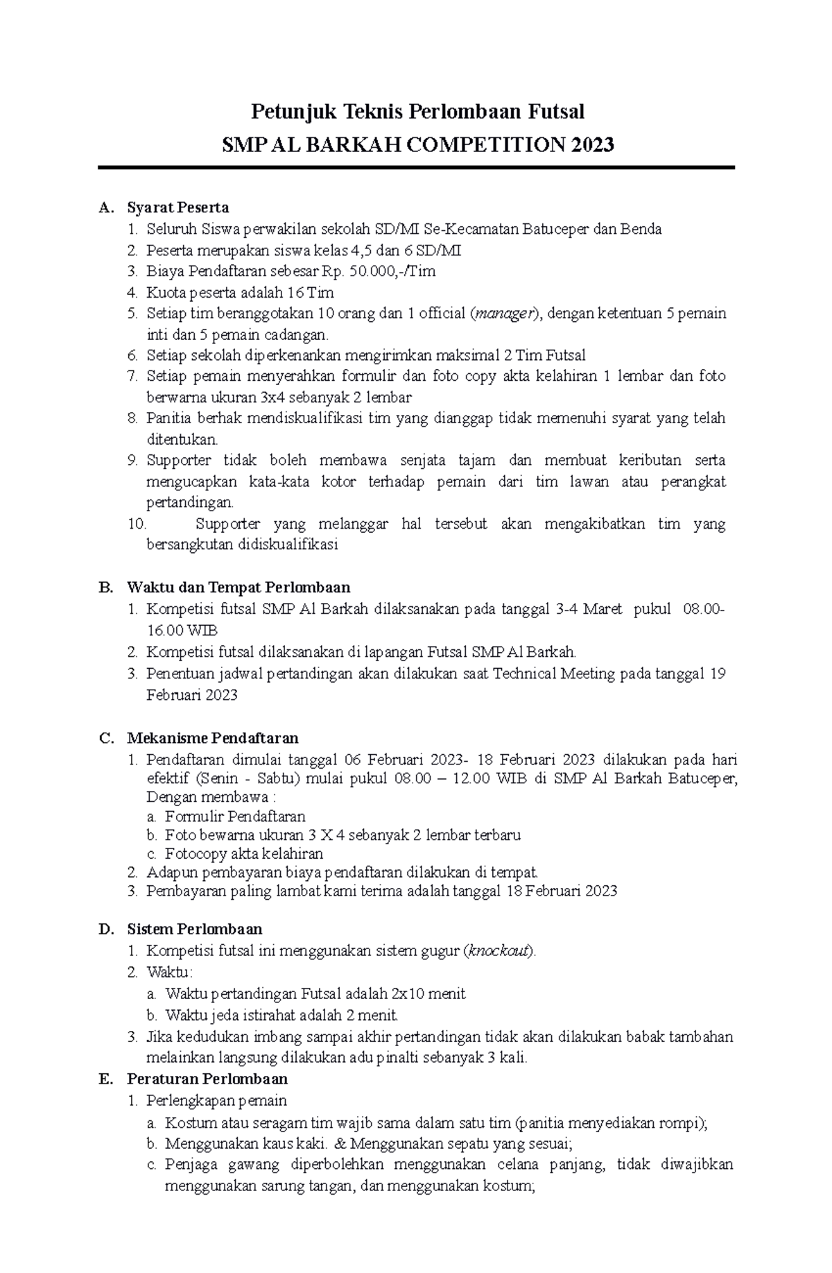 Lomba Futsal 2023 - Petunjuk Teknis Perlombaan Futsal SMP AL BARKAH ...