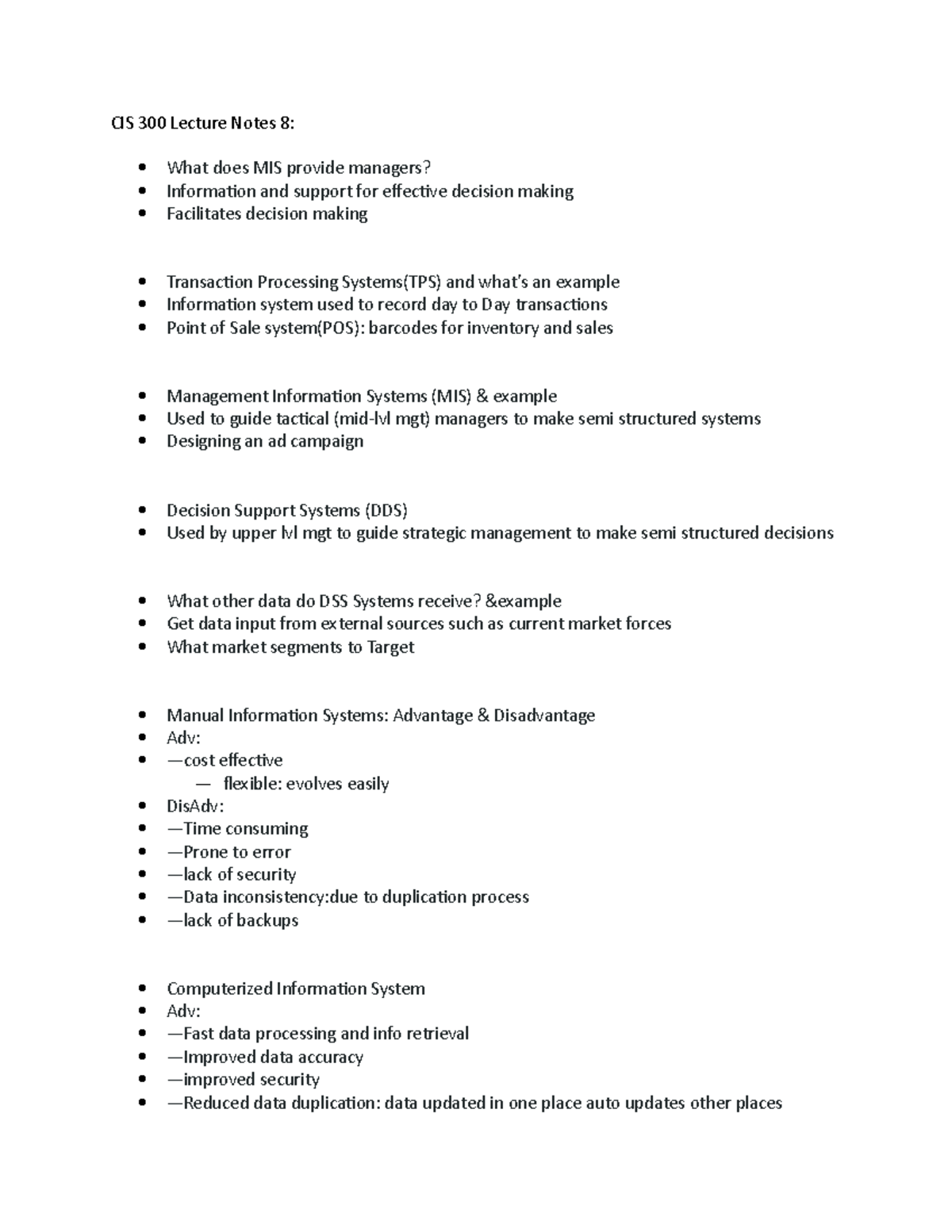 CIS 300 Lecture Notes 8 - CIS 300 Lecture Notes 8: What does MIS ...
