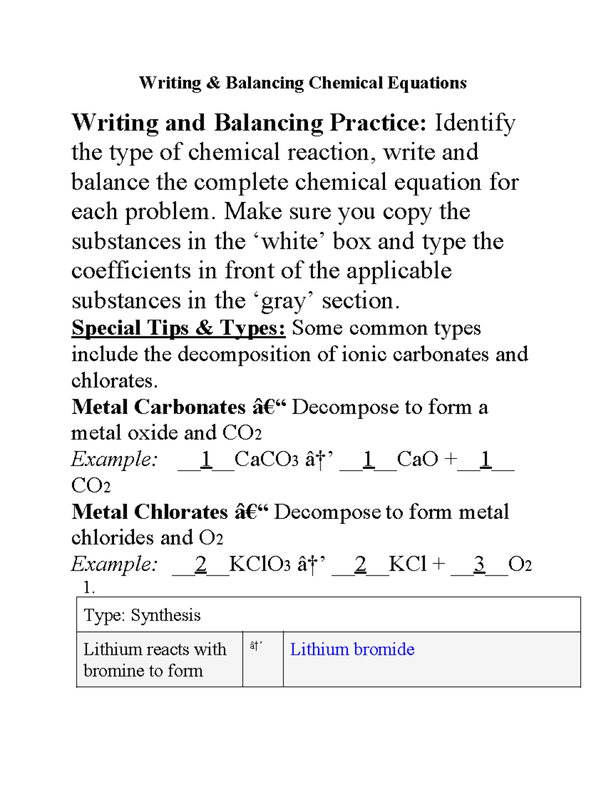 Chem 2 - Chem HW - Writing & Balancing Chemical Equations Writing and ...