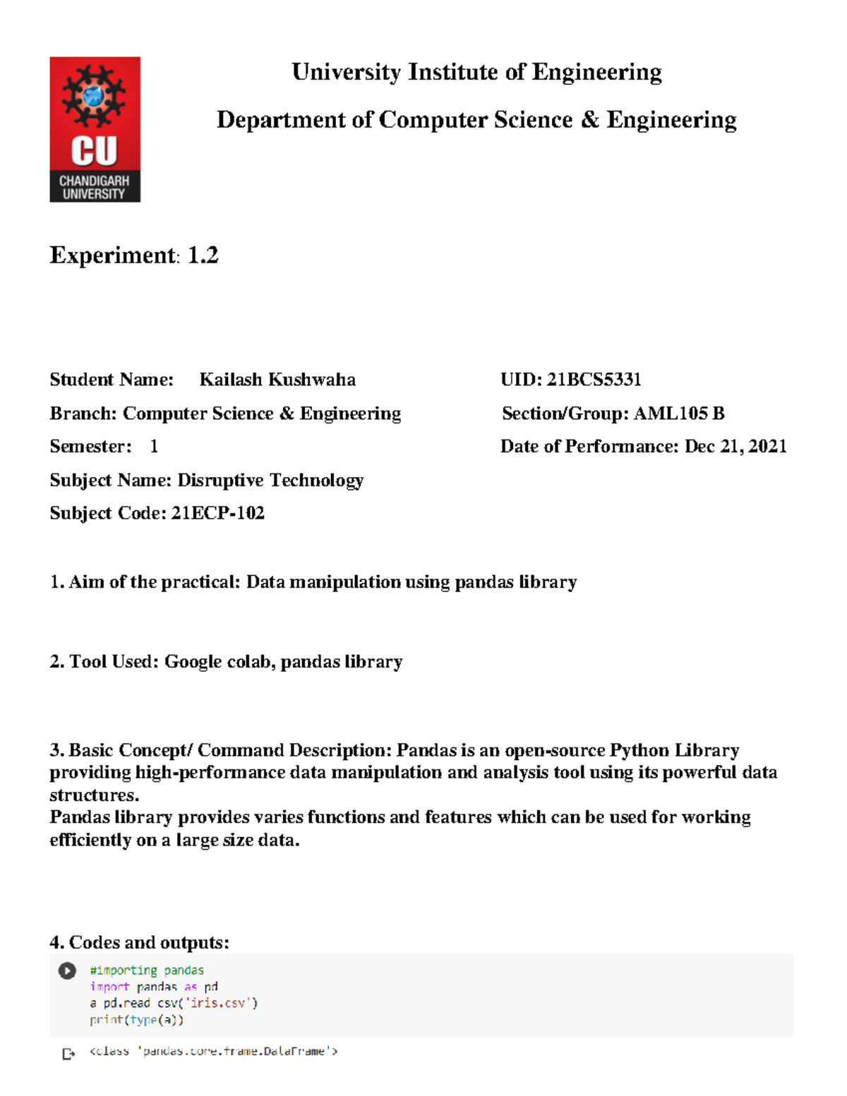 DT1 - dt - Department of Computer Science & Engineering Experiment: 1. Student Name: Kailash ...