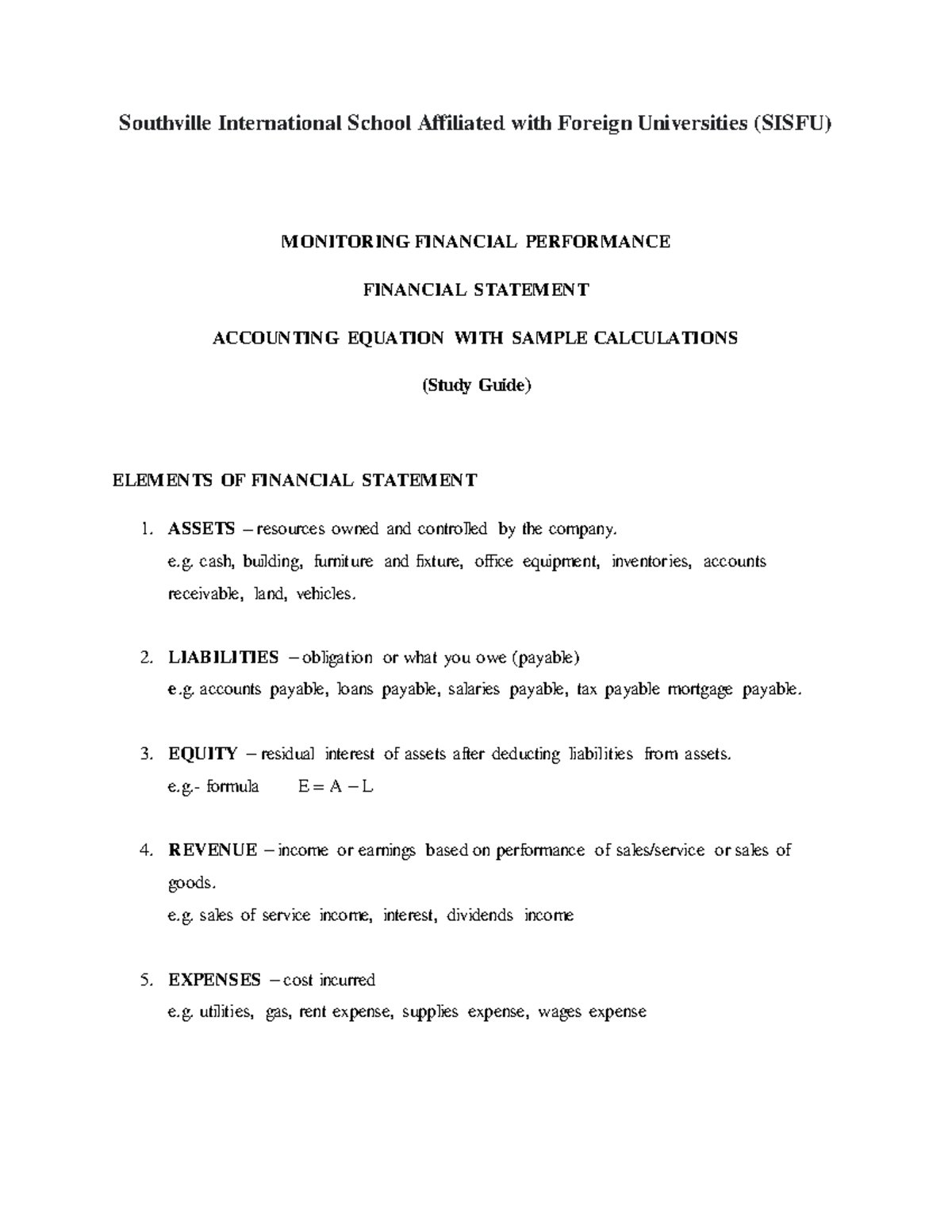Monitoring Financial Performance- Accounting Equation WITH Sample ...
