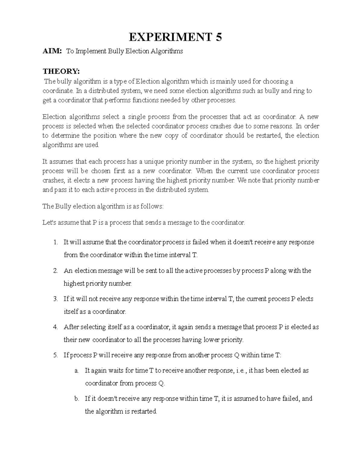 DC Exp 5 - lecture notes. - EXPERIMENT 5 AIM: To Implement Bully ...