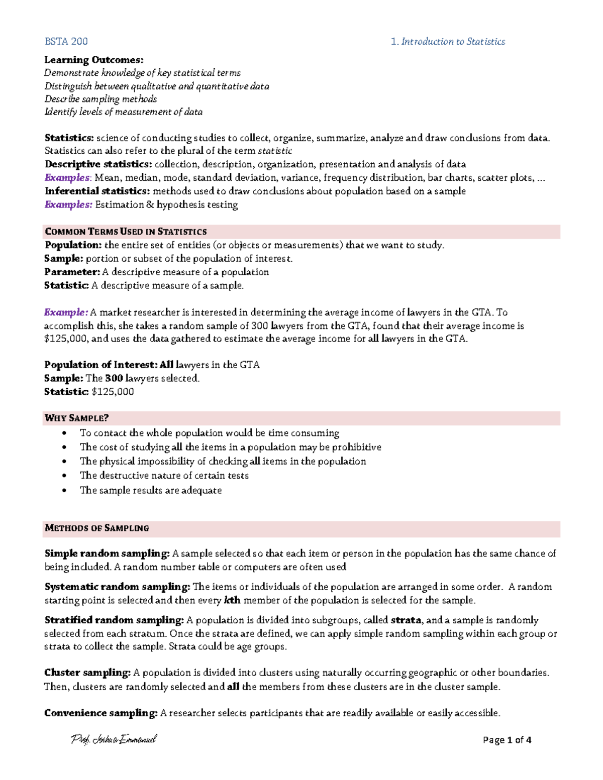 01-Introduction to Statistics - BSTA 200 1. Introduction to Statistics ...