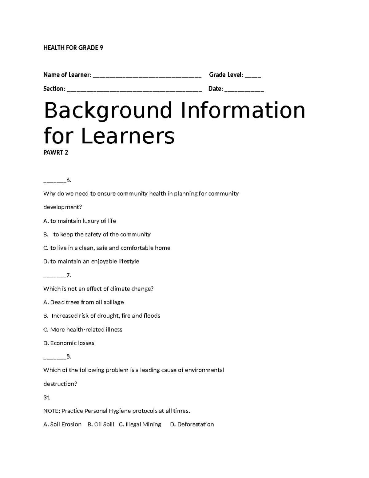 Health 9 - 12 - gagagagagagag - HEALTH FOR GRADE 9 Name of Learner ...