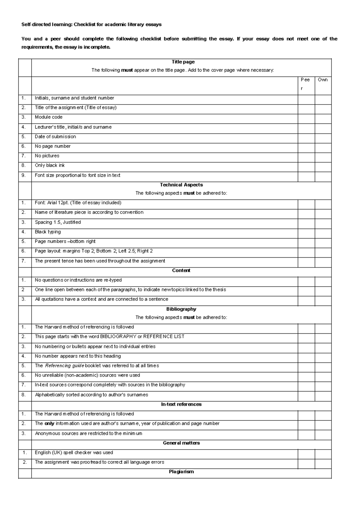 Literary essay Checklist - Self-directed learning: Checklist for ...