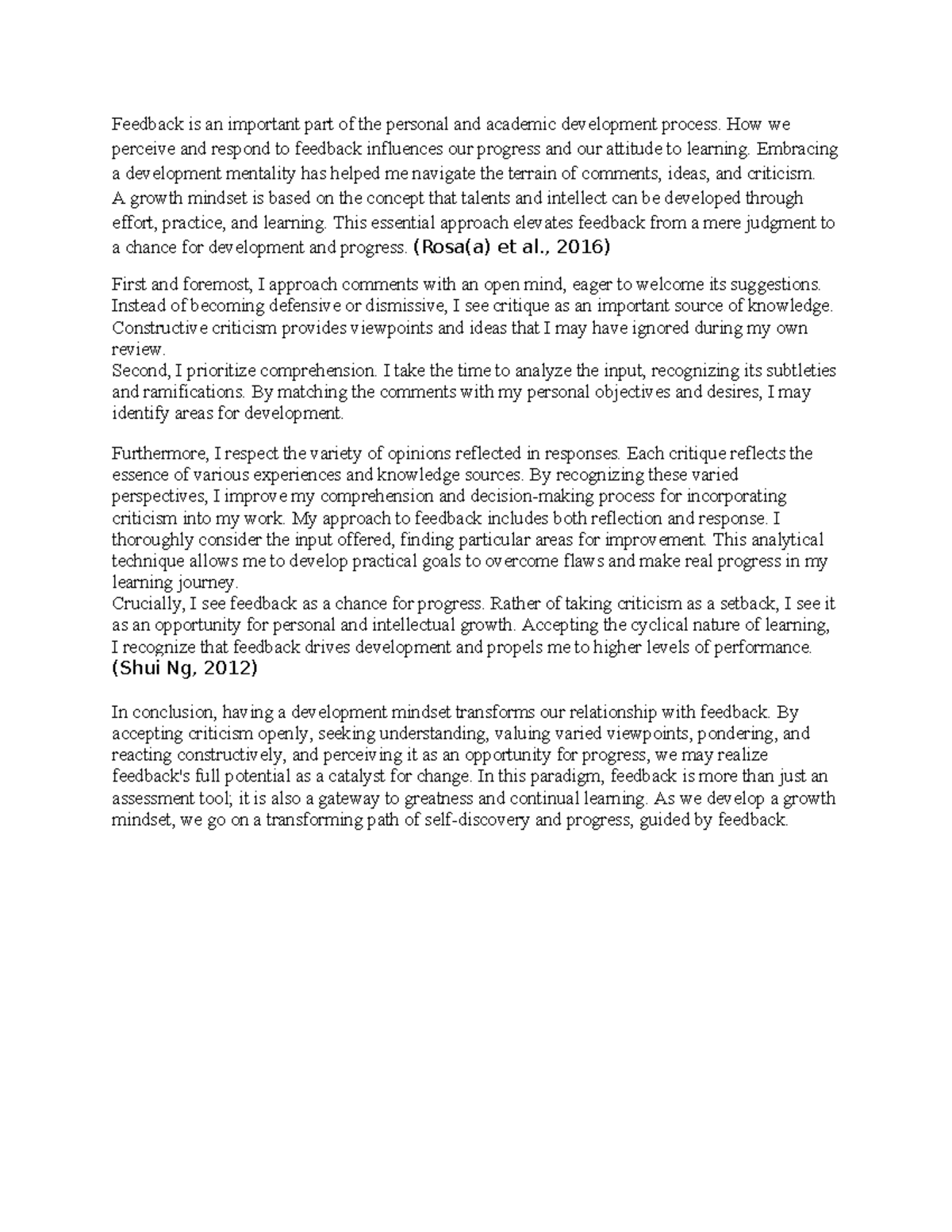 Discussion forum week 5 - Feedback is an important part of the personal ...