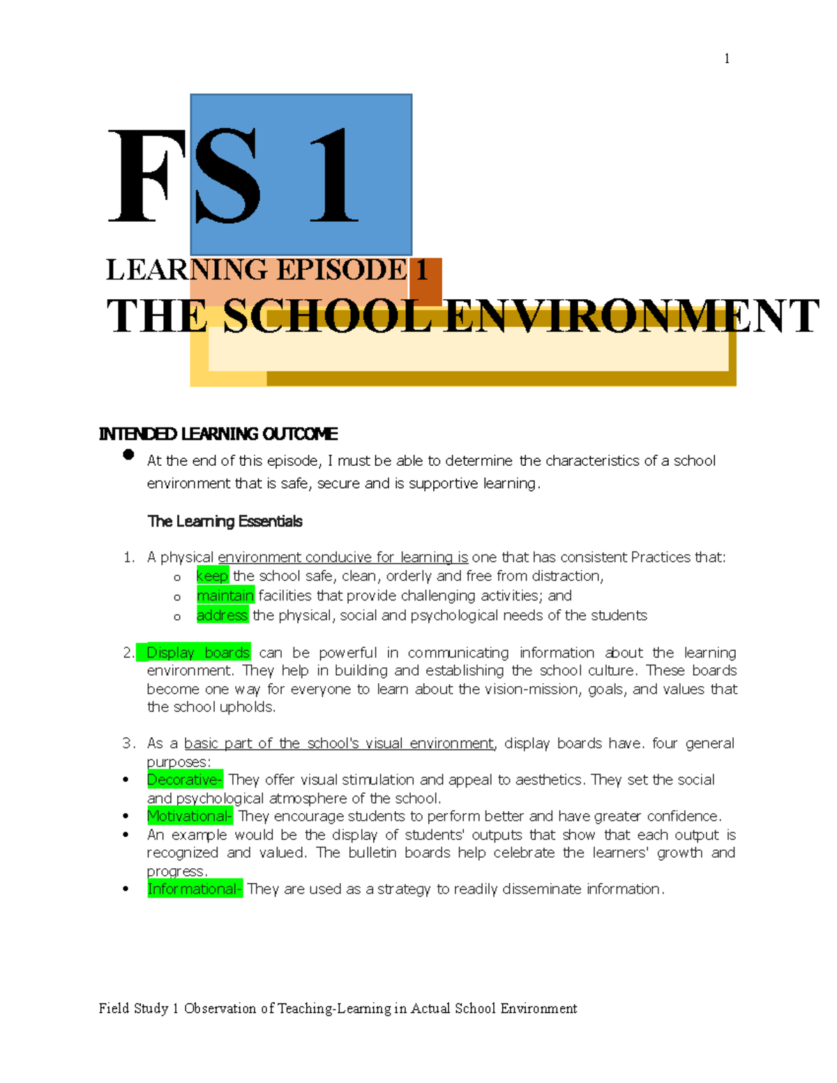 ELC101 - Template for Field Study 1 - 1 Field Study 1 Observation of ...