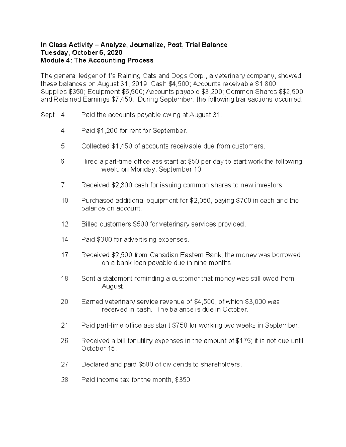 In Class Activity Module 4 - In Class Activity – Analyze, Journalize, Post, Trial Balance ...