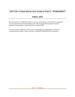 Course Reflection Journal Part 2 Worksheet - GEN 150: COURSE REFLECTION ...