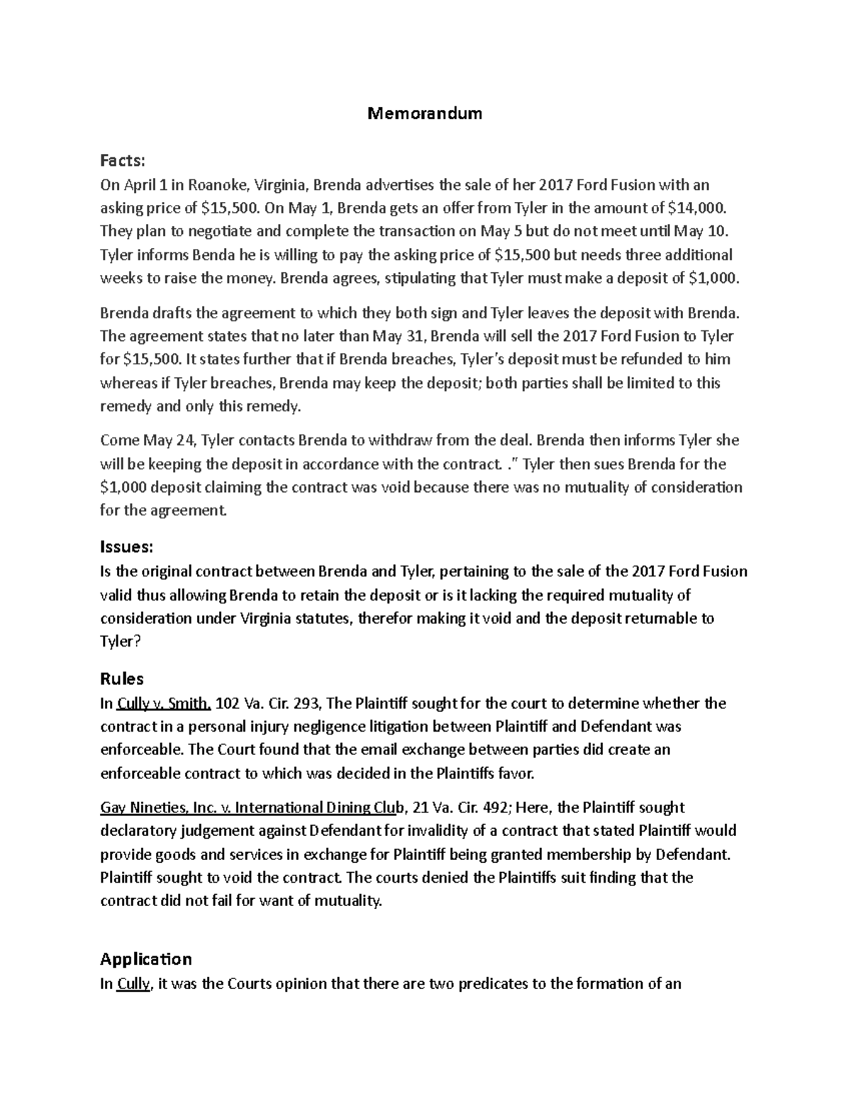 N a court - assignment - Memorandum Facts: On April 1 in Roanoke ...