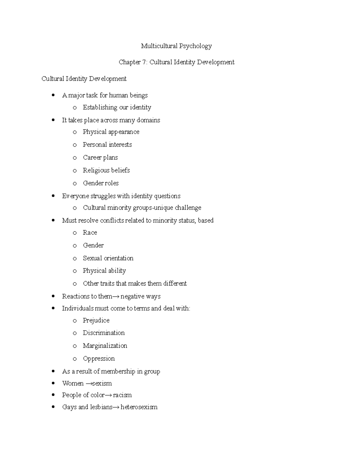Chapter 7 Lecture Notes - Multicultural Psychology Chapter 7: Cultural ...