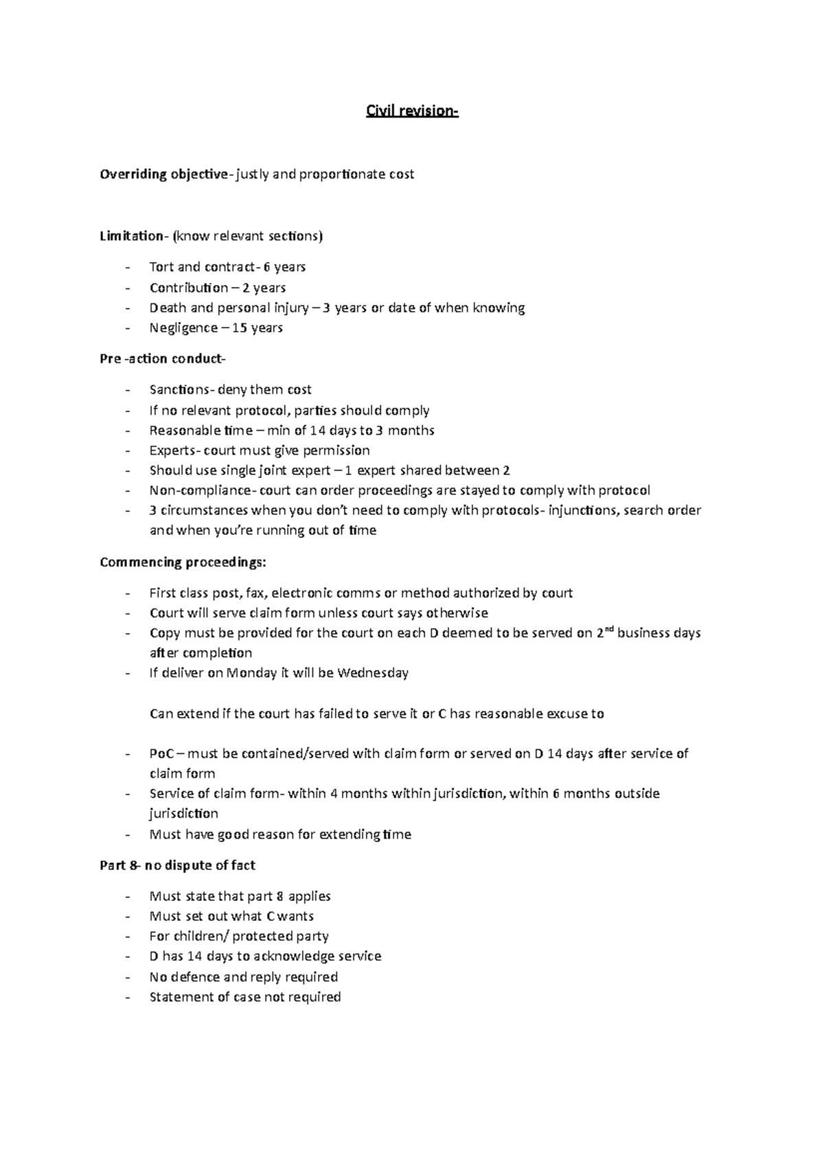 Revision notes - Civil revision- Overriding objective- justly and ...