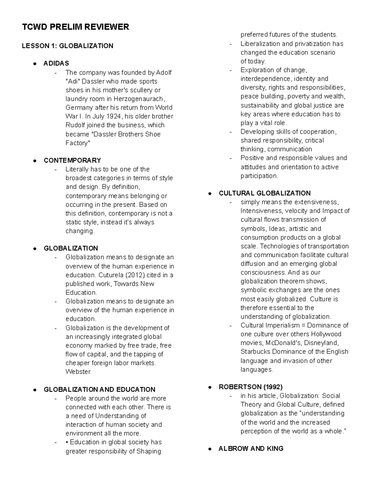 TCWD ( Prelim) - TCWD PRELIM REVIEWER LESSON 1: GLOBALIZATION ADIDAS ...