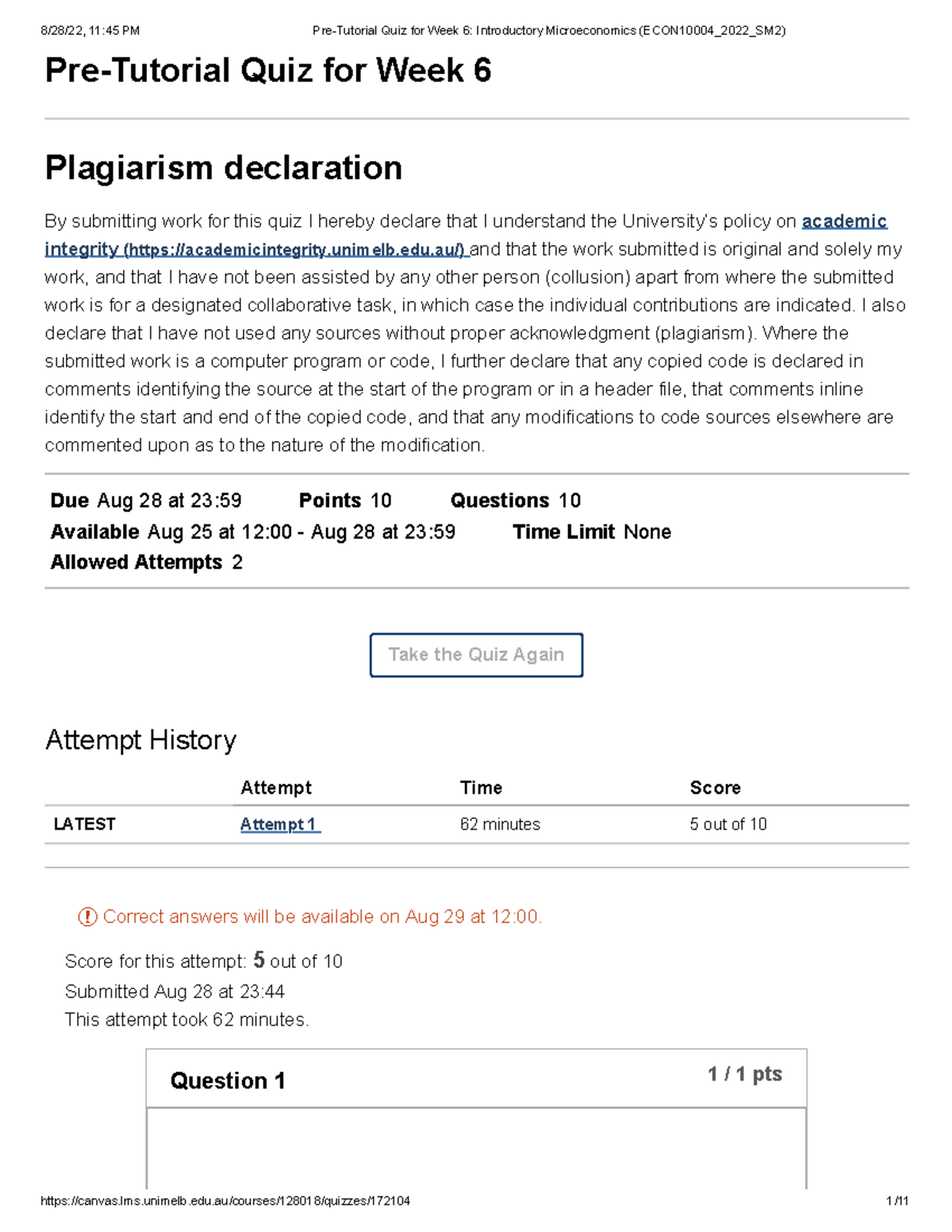 Pre-Tutorial Quiz for Week 6 Introductory Microeconomics (ECON10004 2022 SM2) - Pre-Tutorial ...
