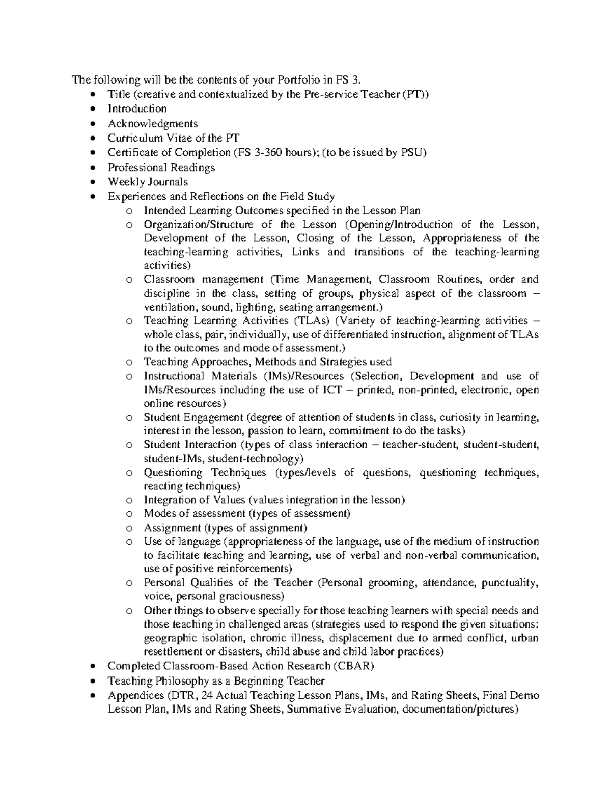 FS 3 Portfolio Content - sample - The following will be the contents of ...