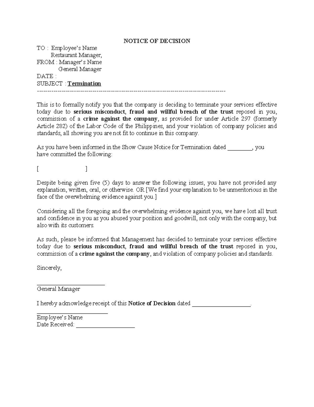 Termination - Second Notice (For Theft) - NOTICE OF DECISION TO ...