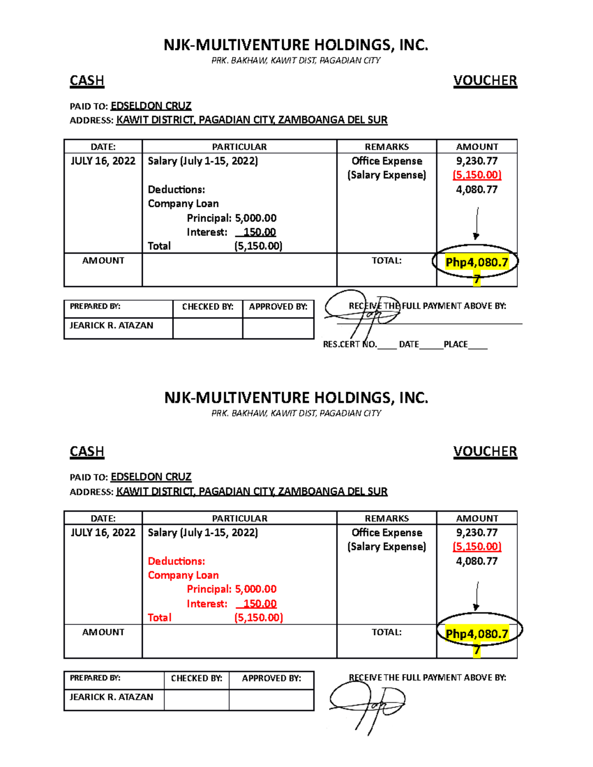 Holdings Voucher - CASH VOUCHER PAID TO: EDSELDON CRUZ ADDRESS: KAWIT ...