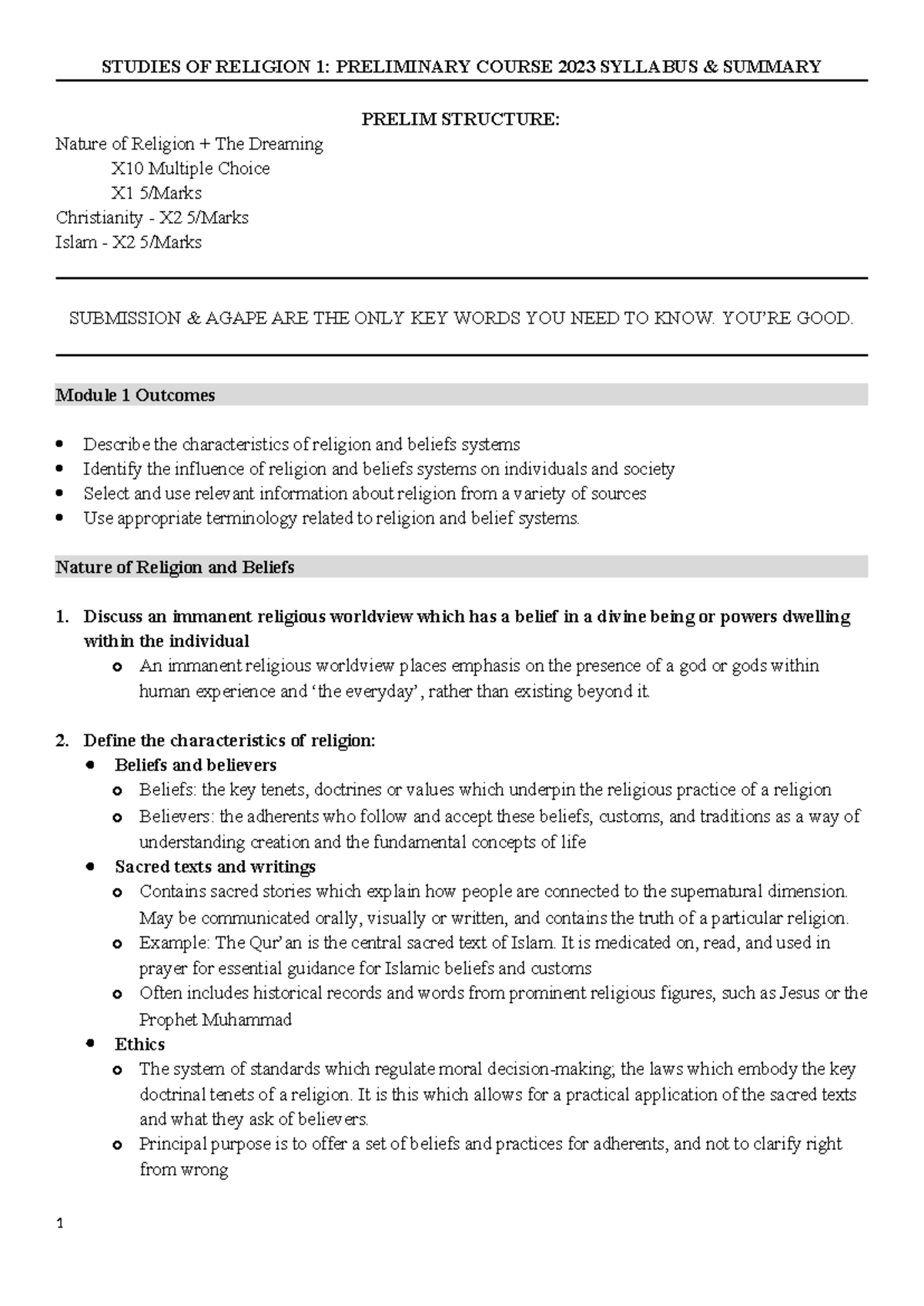 Religion - Full Course Summary Year 11 2023 - STUDIES OF RELIGION 1 ...