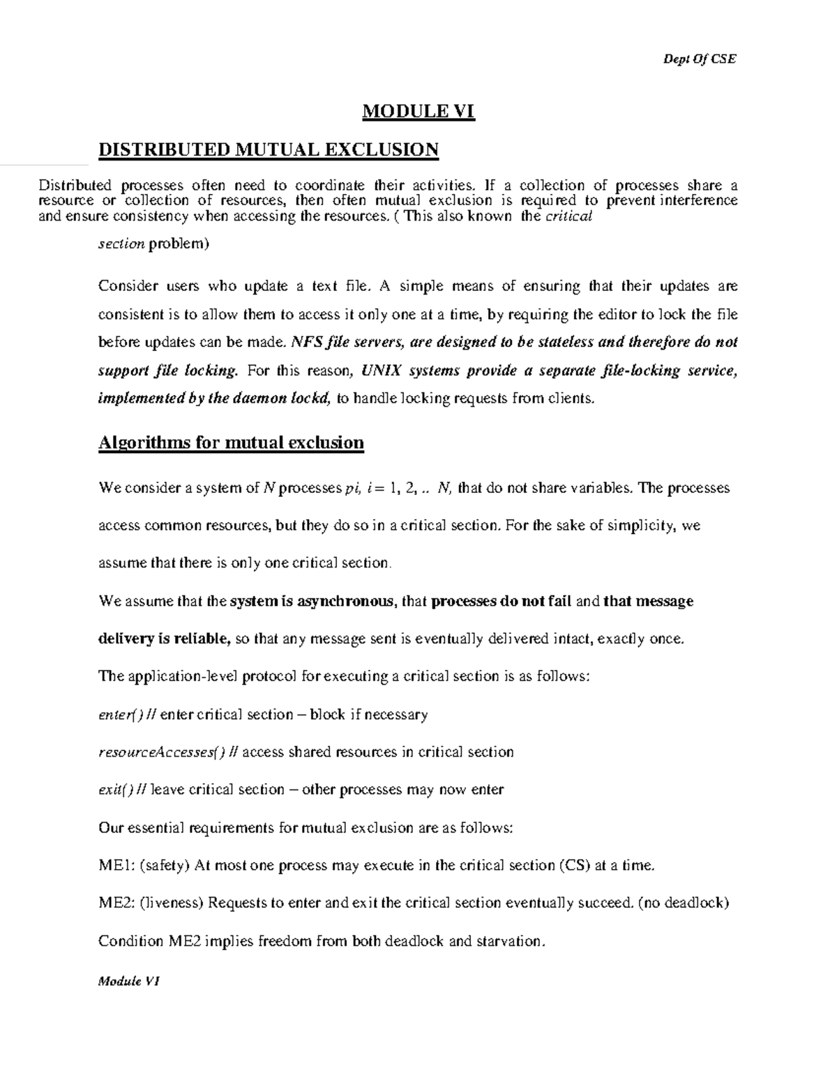 DC Module VI - distributed mutual exclusion - Dept Of CSE MODULE VI ...
