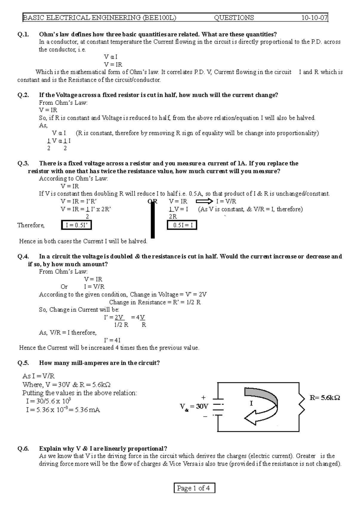 Questions Ohm - BASIC ELECTRICAL ENGINEERING (BEE100L) QUESTIONS Q. law ...