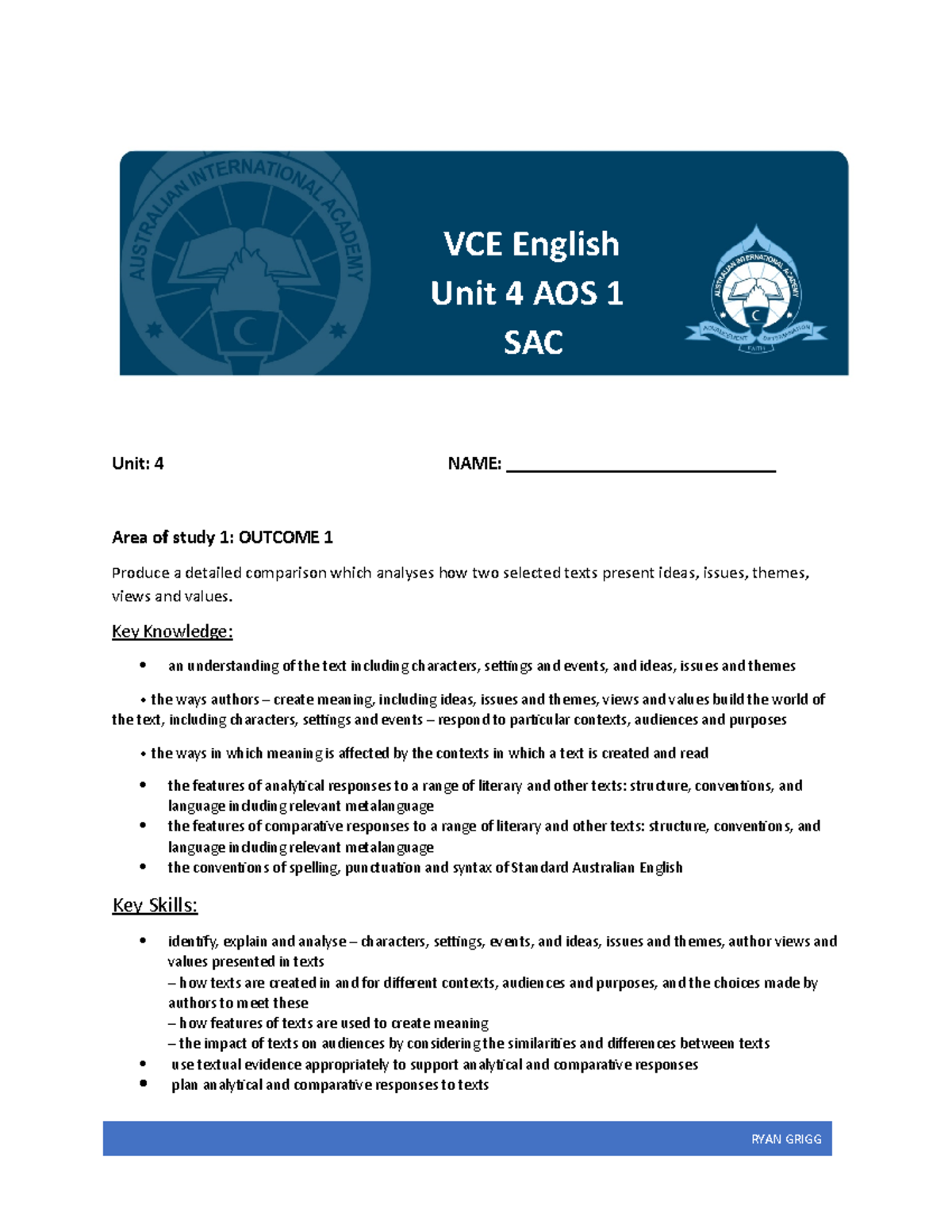 VCE English Year 12 Unit 4 AOS1 Reading and Comparing Texts - VCE ...