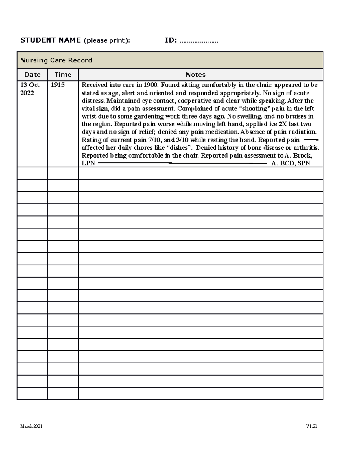Nursing Care Record-pain assesement - STUDENT NAME (please print): ID