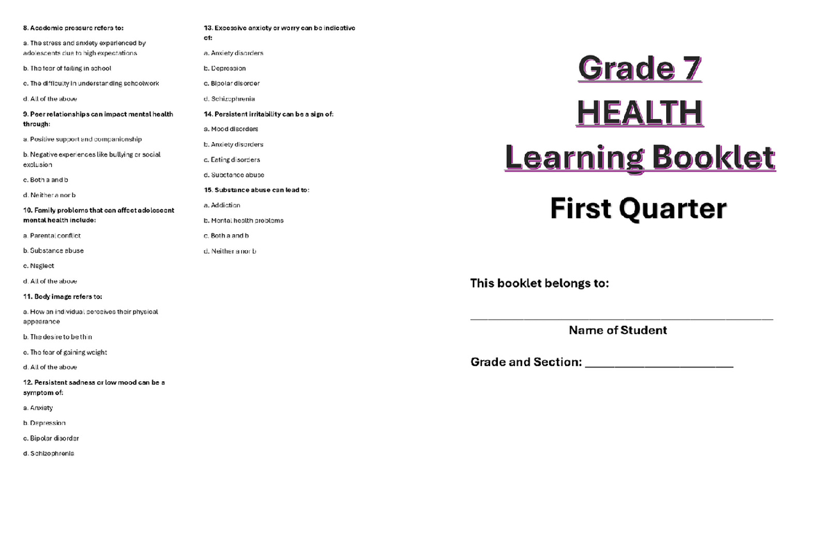 Health Booklet-1st Quarter- Final - 8. Academic pressure refers to: 13 ...