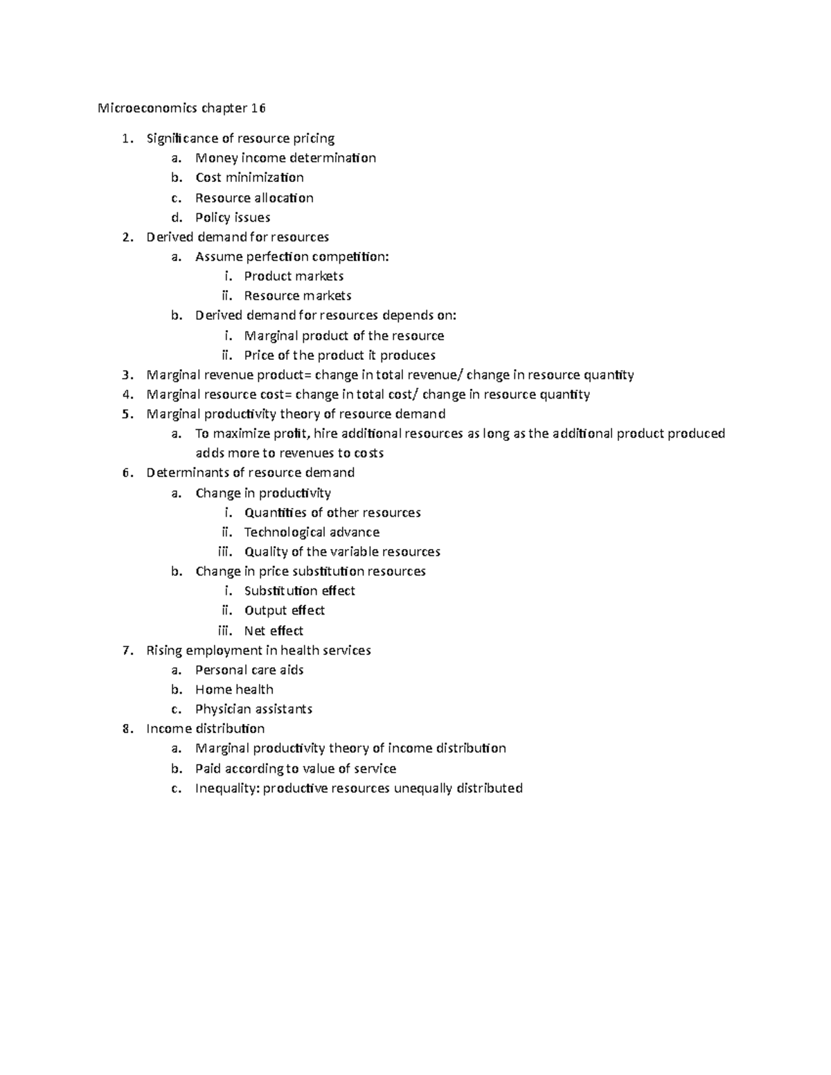 Microeconomics chapter 16 - Money income determination b. Cost minimization c. Resource ...