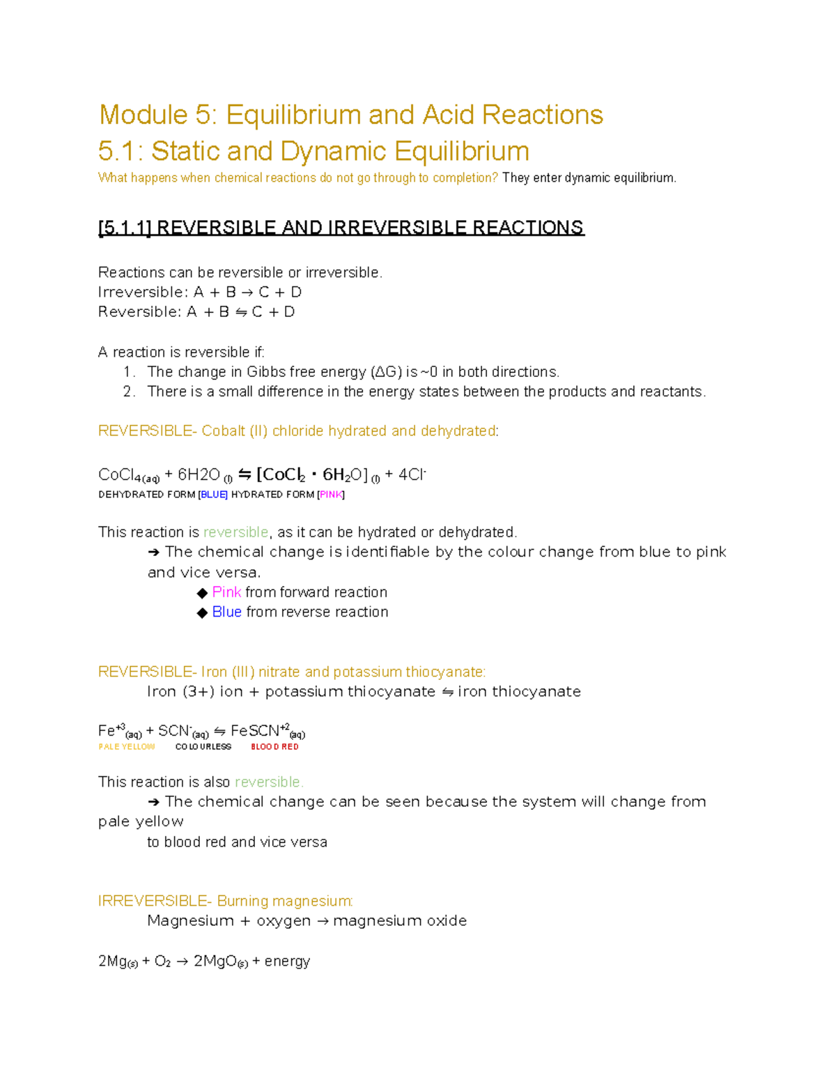 Depth Study- Module 5 Equilibrium and Acid Reactions - Module 5 ...
