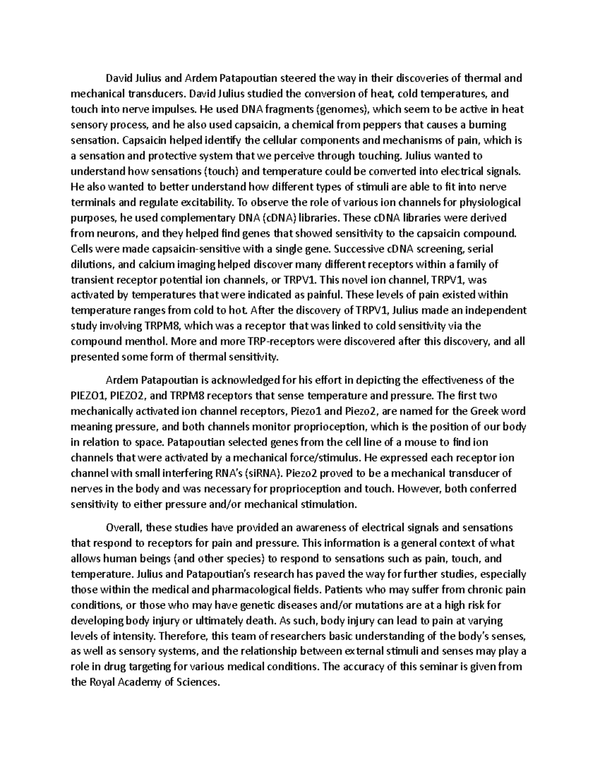 Biomedical Seminar Critique #3 - David Julius and Ardem Patapoutian ...