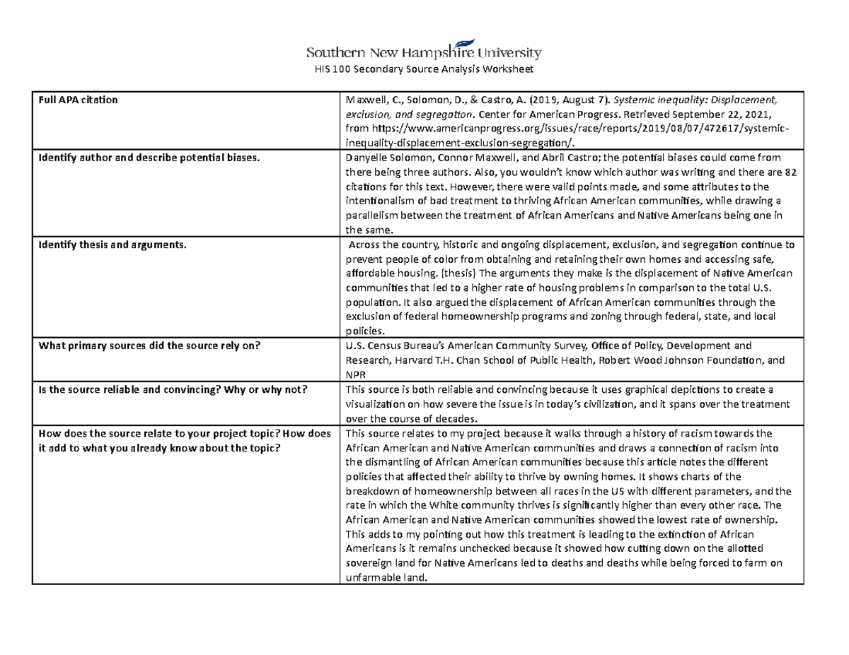 HIS 100 Secondary Source Analysis Worksheet Completed - HIS 100 ...