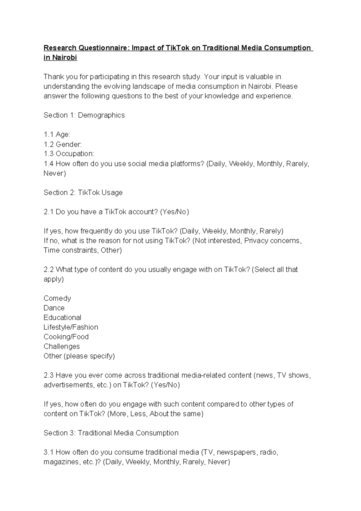 Questionnaire Template - Research Questionnaire: Impact of TikTok on ...
