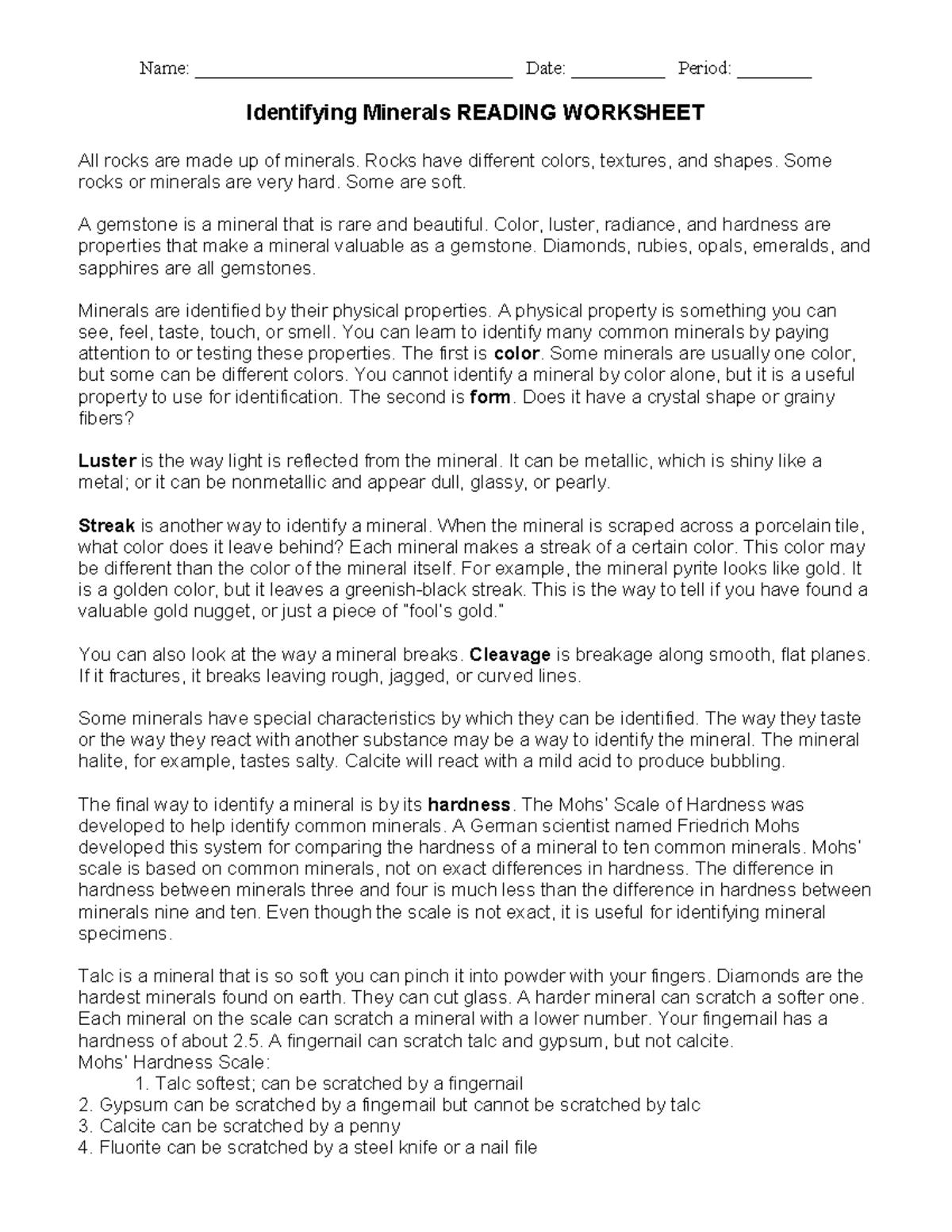 Minerals reading worksheet - Name ...