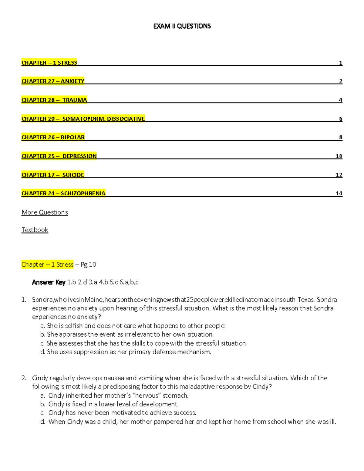 Exam 2 Questions Textbook - EXAM II QUESTIONS CHAPTER – 1 STRESS 1 ...