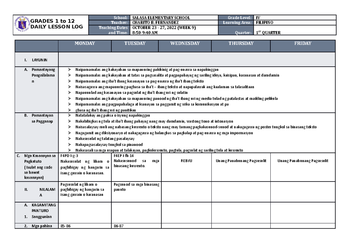 DLL Filipino 4 Q1 W10 - GRADES 1 to 12 DAILY LESSON LOG School: SALASA ...