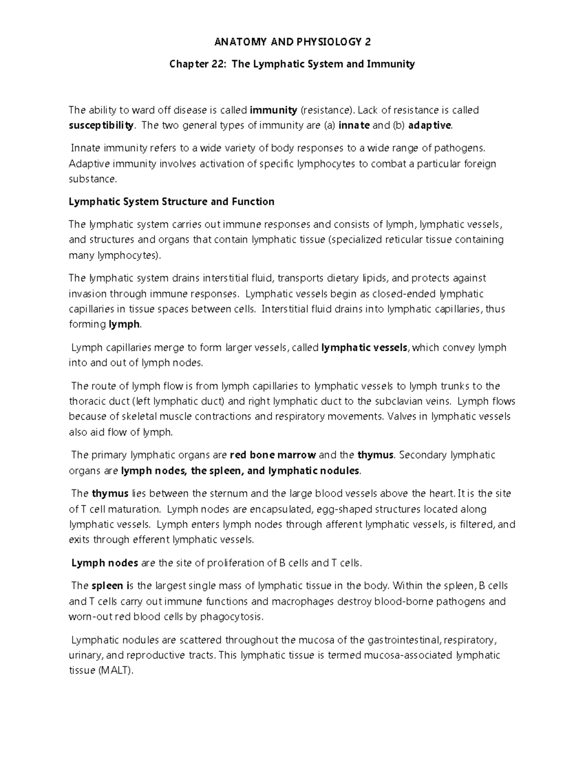 A AND P 2 CH22 - LYMPHATIC AND IMMUNITY BIOL 2402 - ANATOMY AND ...