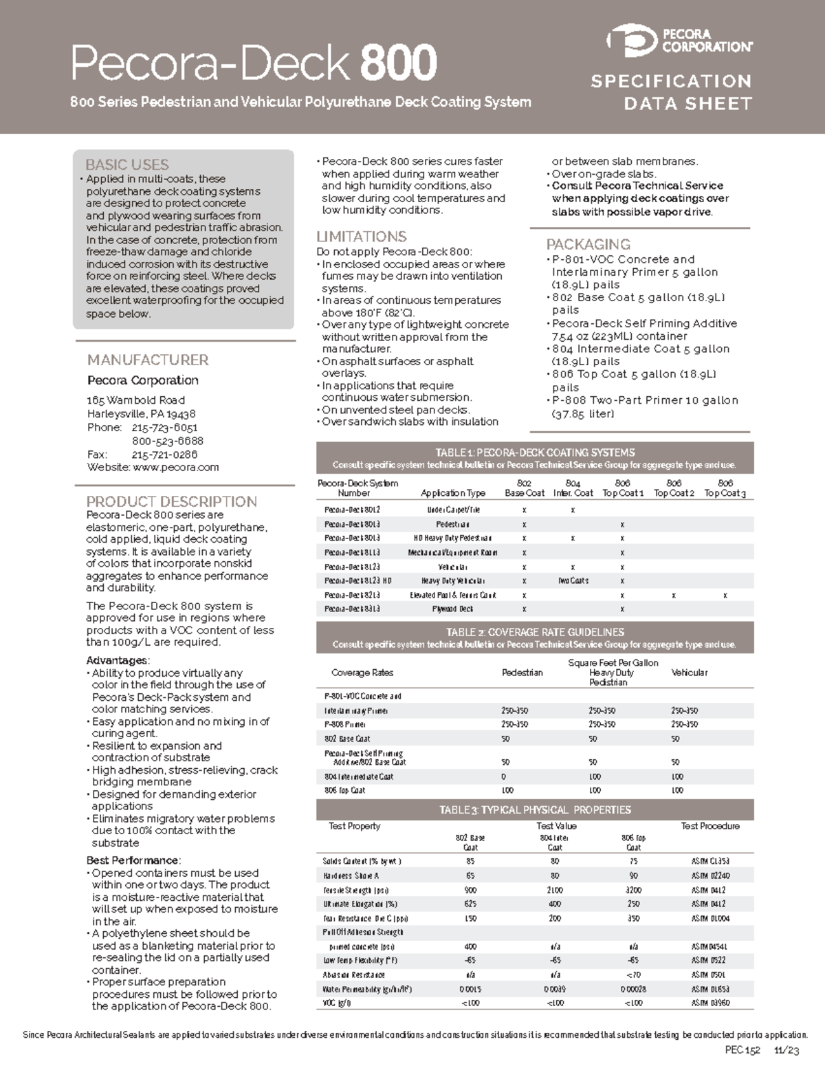 Pecora Deck 800 Series - Resumen Civil Engineering - SPECIFICATION DATA ...