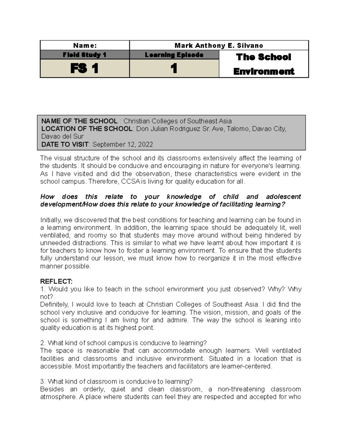 FS1-Episode 1 - book description - Name: Mark Anthony E. Silvano Field ...