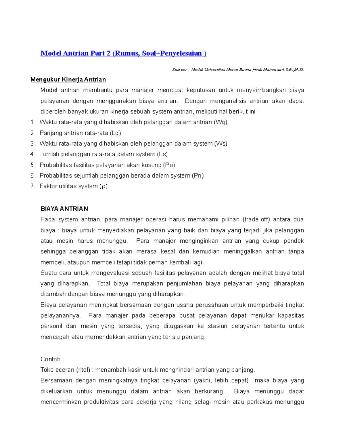Metodologi Penelitian Bisnis Antrian Model Antrian - Model Antrian Part ...