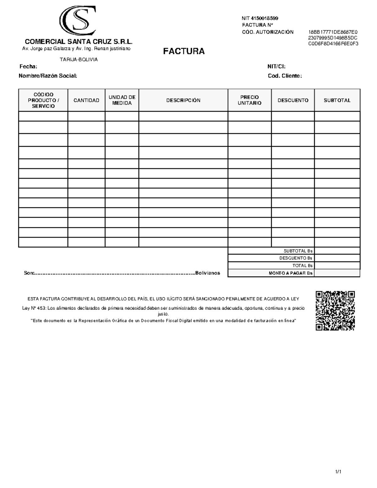 Factura - NIT 4150018599 FACTURA N° CÓD. AUTORIZACIÓN 18BB17771DE8687E ...