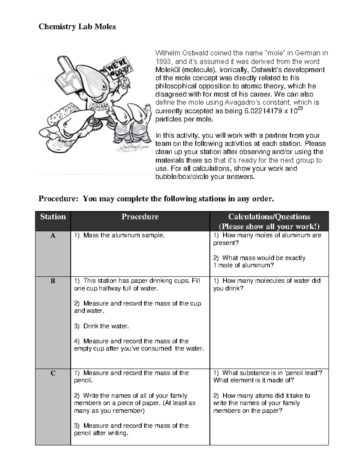 Mole Station Lab - practice work - Chemistry Lab Moles Procedure: You ...