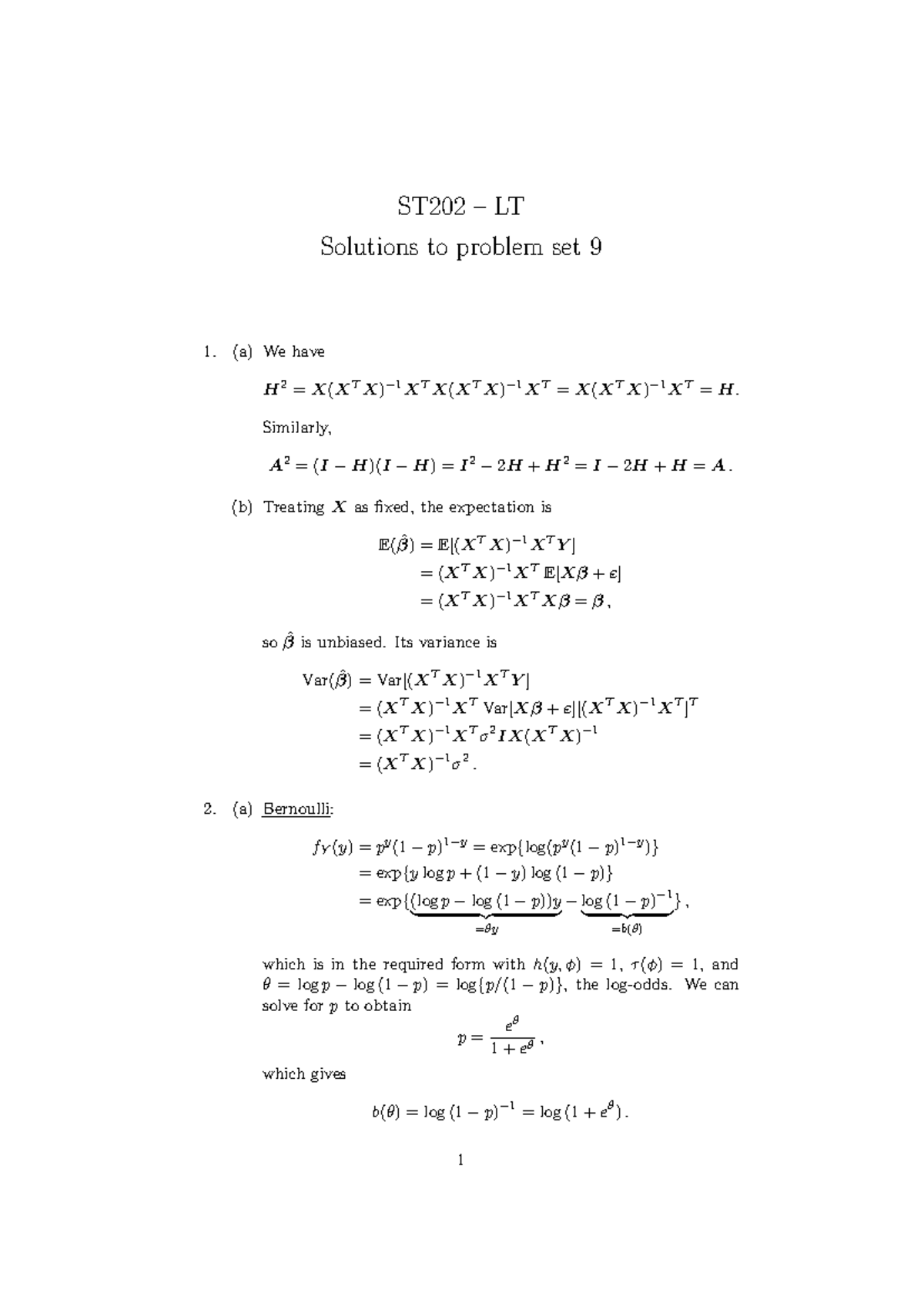 St202 lt ps09 sol - Solutions for LT problem set 9 - ST202 – LT Solutions to problem set 9 (a ...