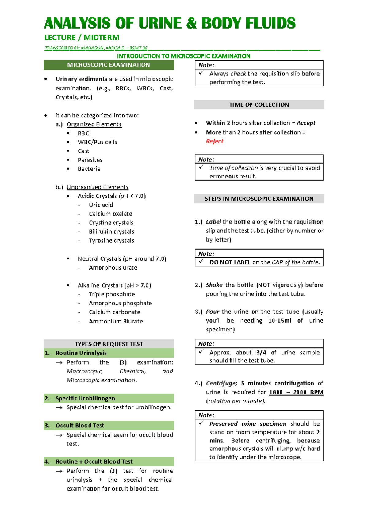 Introduction TO Microscopic Examination - ANALYSIS OF URINE & BODY ...