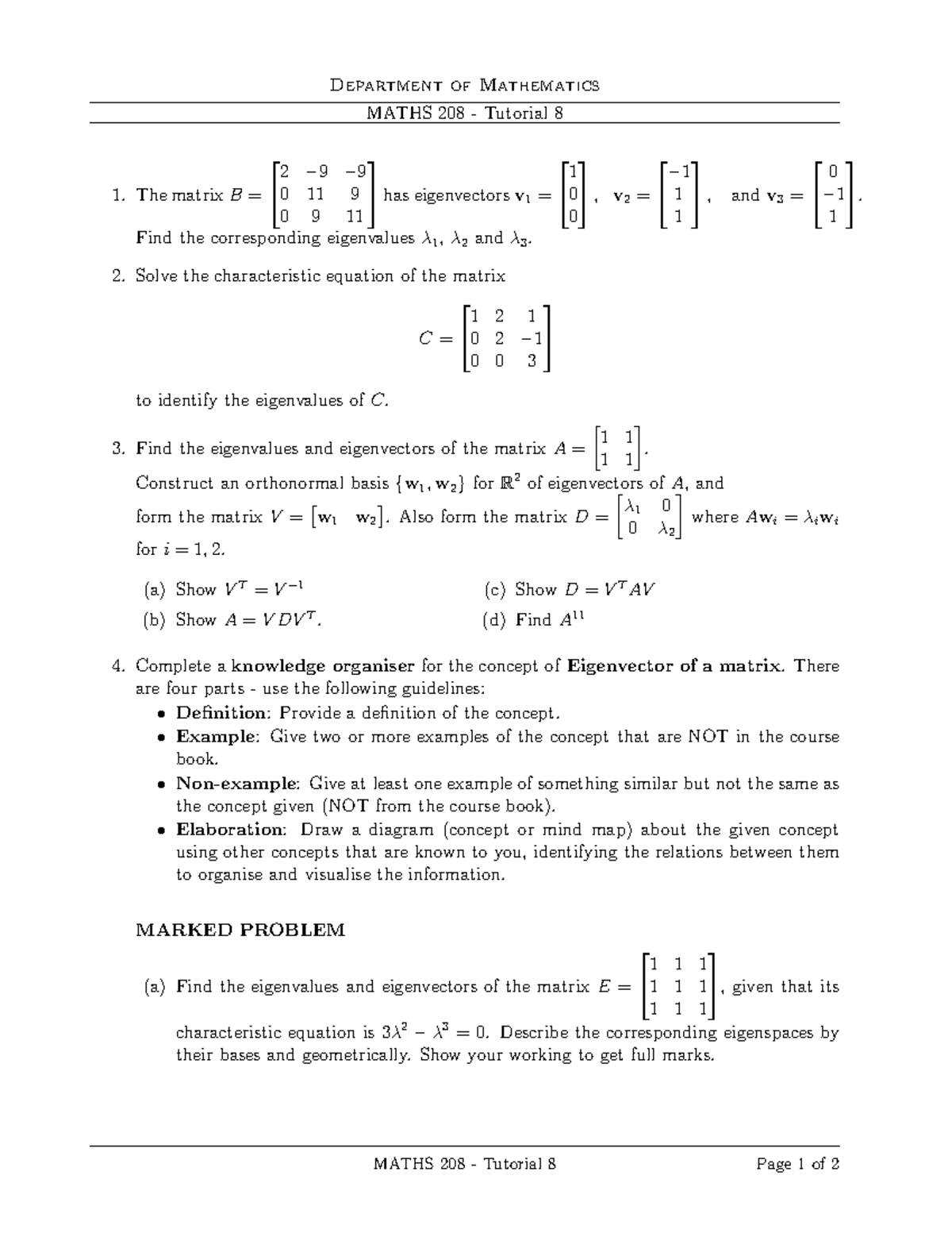 208 tut 8 (2021 s1)-Tutorial Questions - Department of Mathematics MATHS 208 - Tutorial 8 The ...