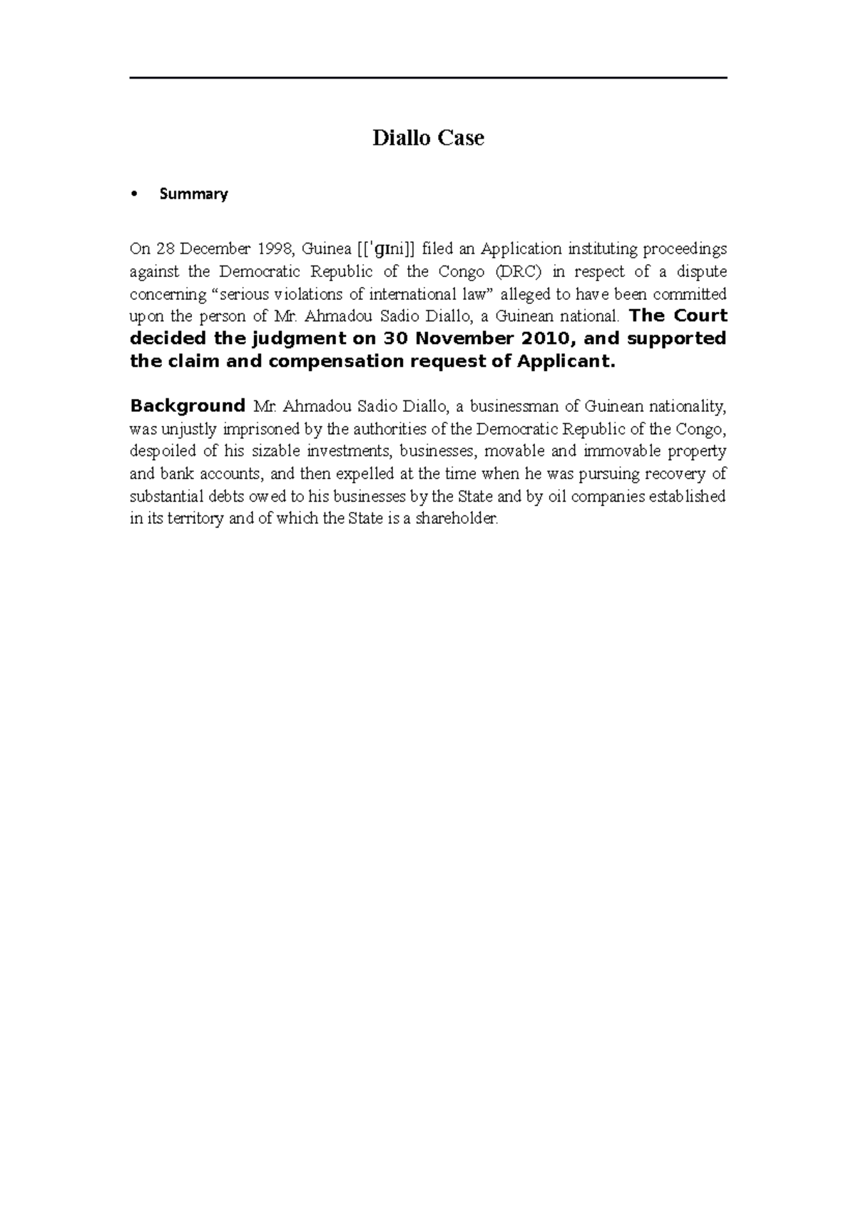 Diallo Case Brief - Diallo Case Summary On 28 December 1998, Guinea ...