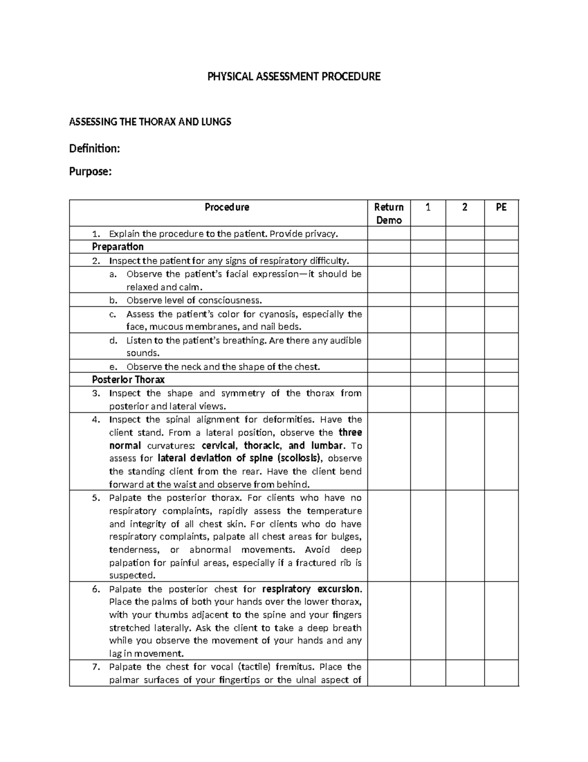 Assessing THE Thorax AND Lungs - PHYSICAL ASSESSMENT PROCEDURE ...