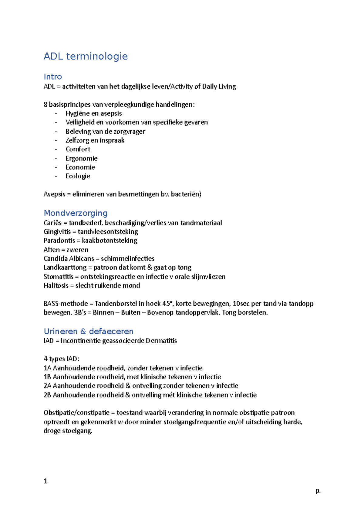 ZT1: dagelijkse zorg: terminologie - ADL terminologie Intro ADL ...
