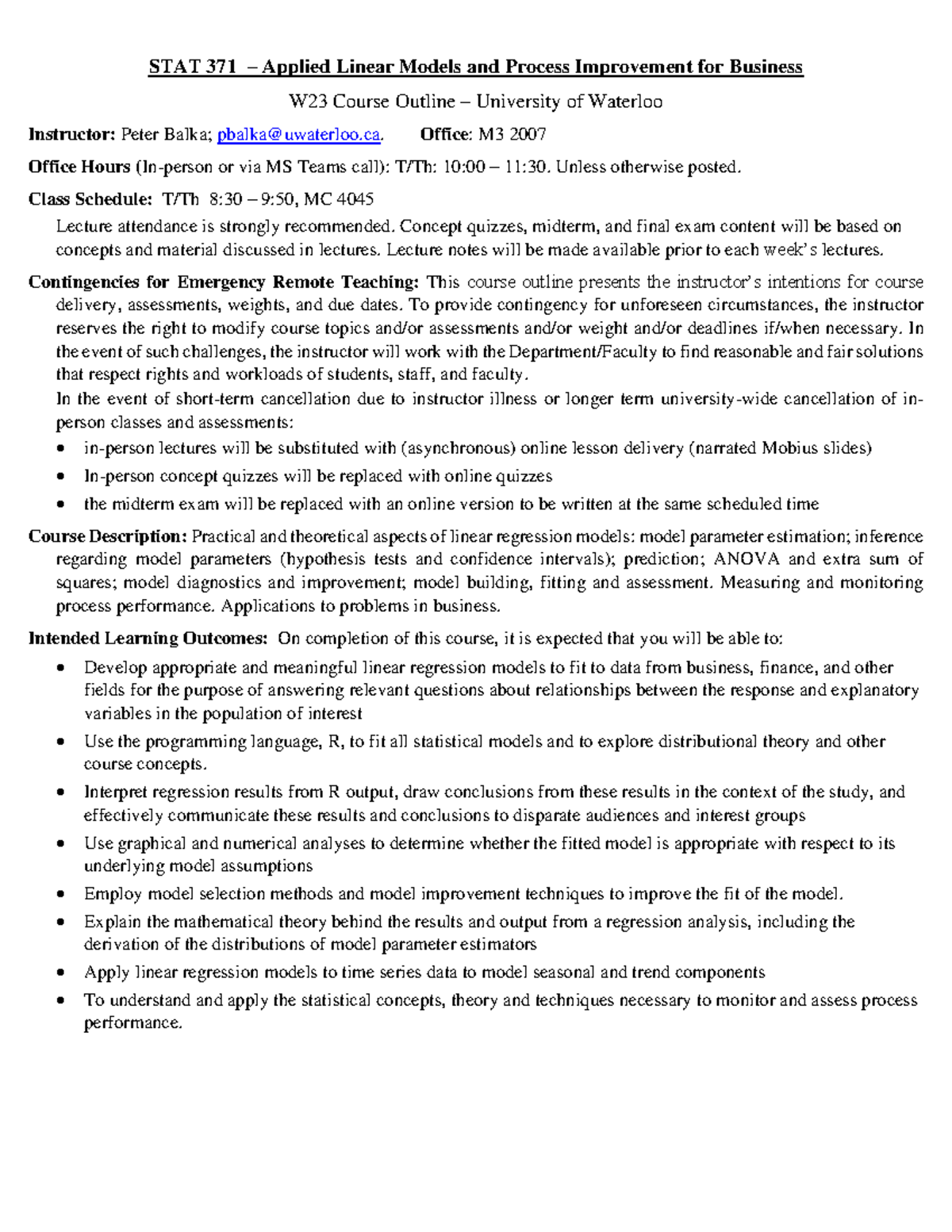 STAT 371- W23 - Outline - gghdjfmr - STAT 371 – Applied Linear Models and Process Improvement ...
